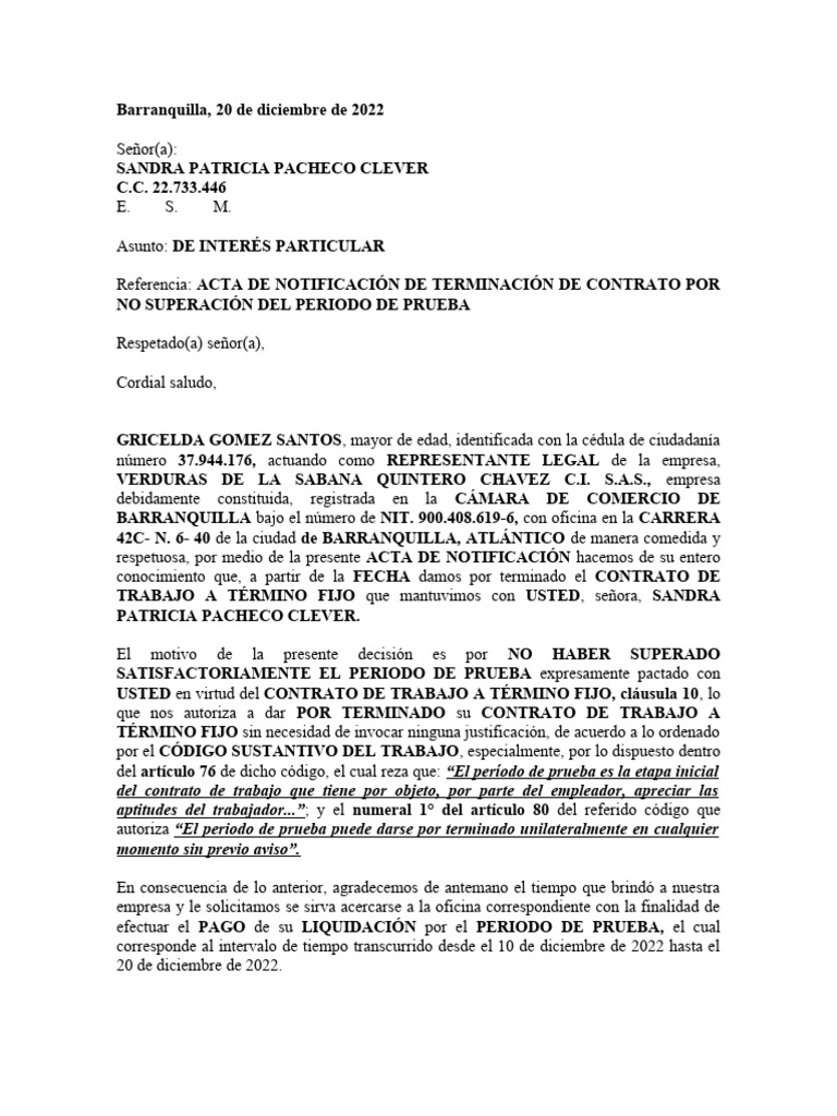 Terminación de Contrato por Prueba Fallida | PDF | Finanzas y dinero