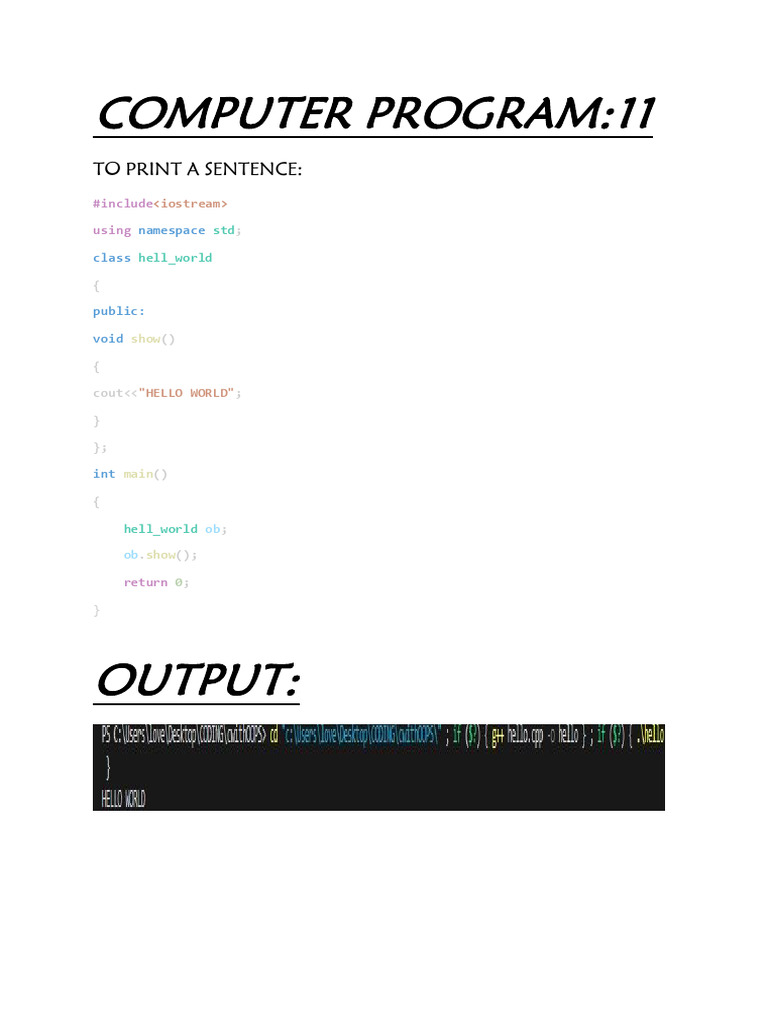 Computer Program:11: To Print A Sentence | PDF | Namespace | Computer Programming