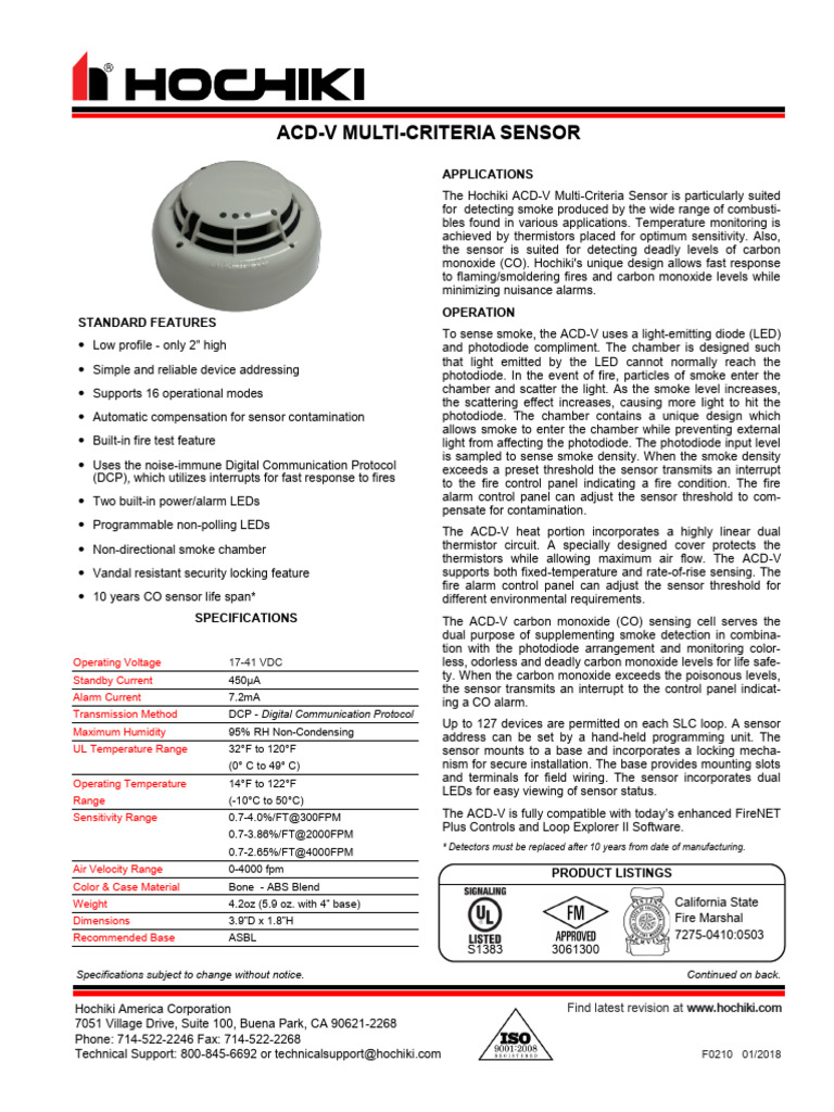 ACD-V Datasheet - HOCHIKI | PDF | Light Emitting Diode | Smoke