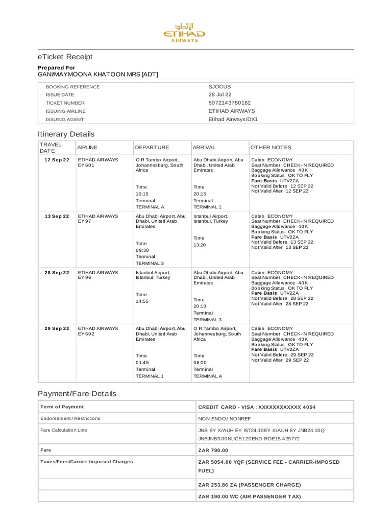 Electronic Ticket Receipt, September 12 For MRS MAYMOONA KHATOON GANI ...