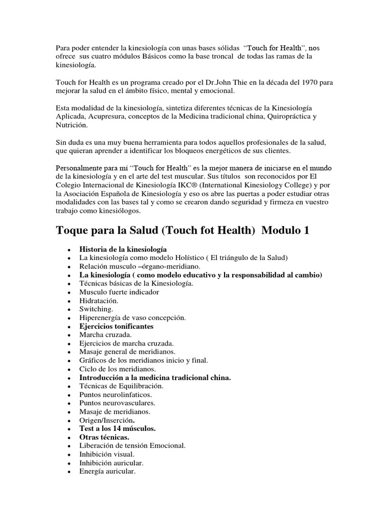 Kinesiologia Basica Touch for Health | PDF | Masaje | Acupresión