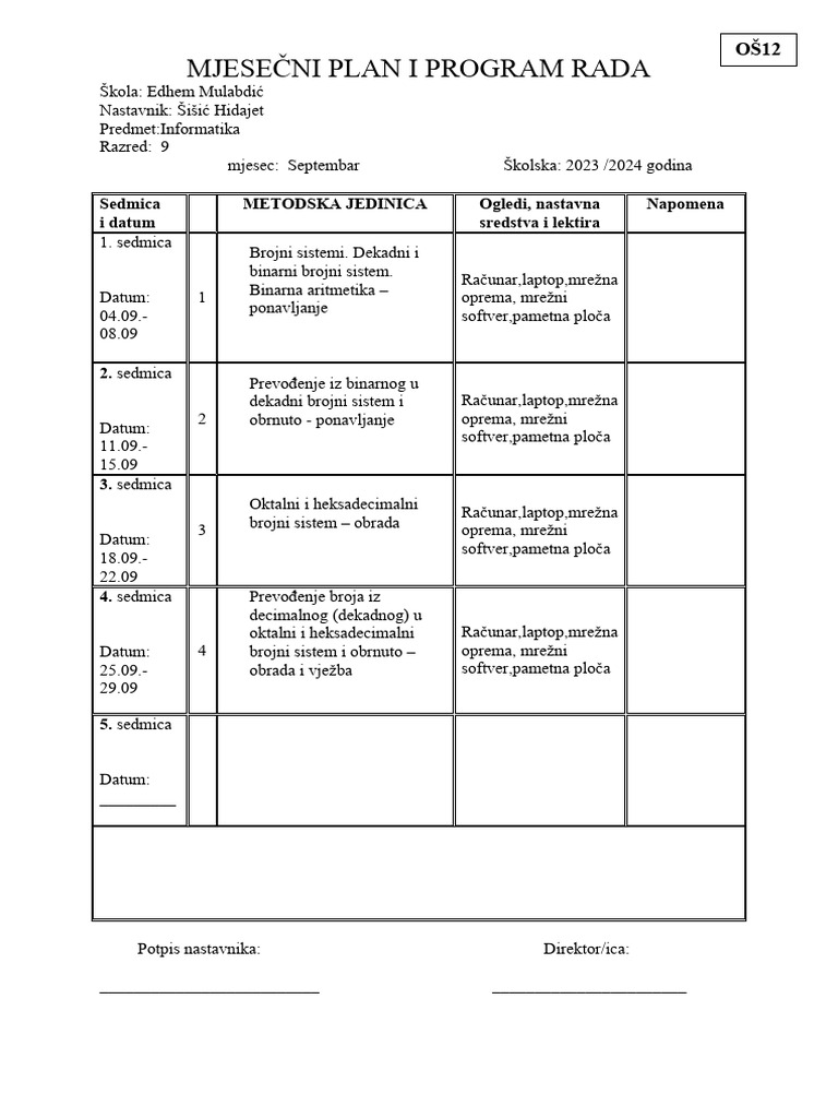 Mjesecni Plan 9 | PDF