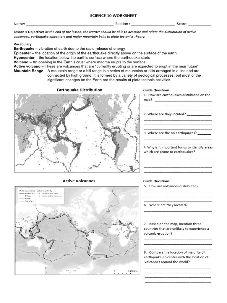 Science 10 Worksheet Lesson 1 | PDF | Volcano | Plate Tectonics