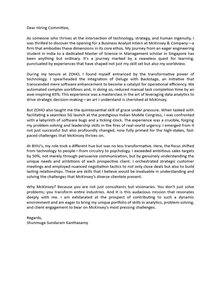 Cover Letter - McKinsey | PDF | Mc Kinsey & Company | Analytics