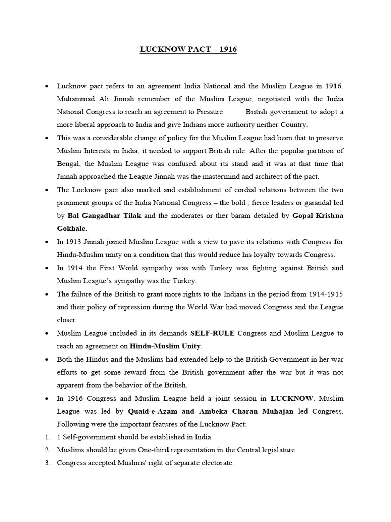 LUCKNOW Pact | PDF | All India Muslim League | Politics Of India