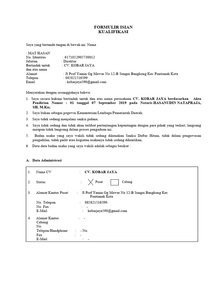 Isian Kualifikasi Cv. Kobar Jaya Gg. Bersama | PDF