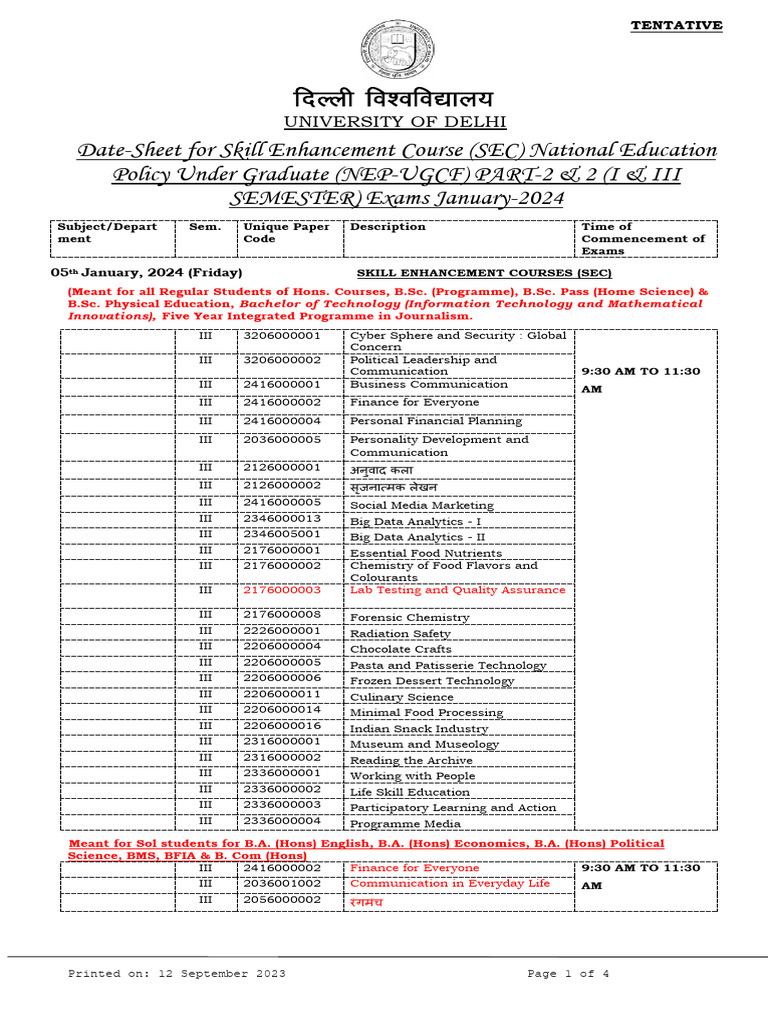 2023-09-12-SEC Paper Sem. III-I | PDF | Bachelor Of Arts
