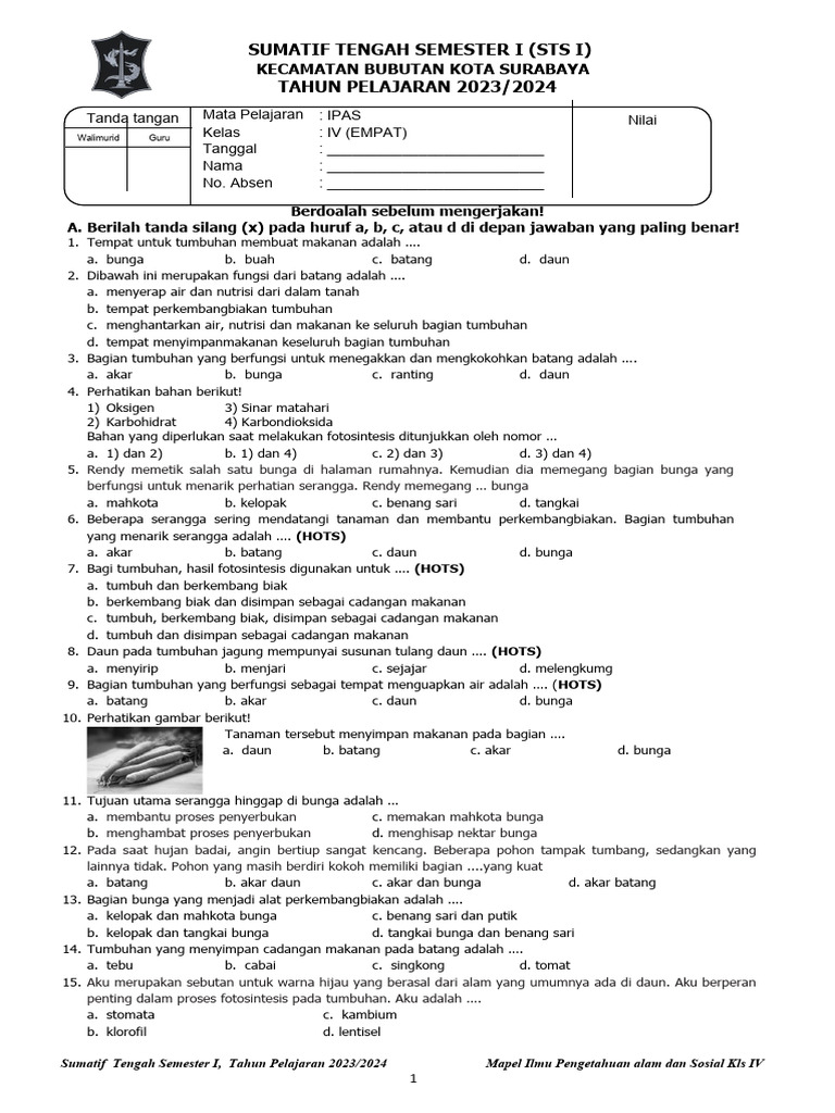 Soal Sumatif Tengah Semester I IPAS 2023-2024 | PDF