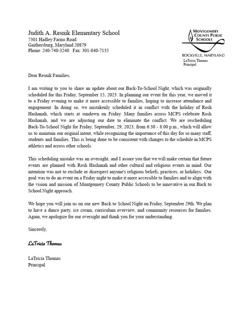 Rescheduling Back-To-School Night | PDF