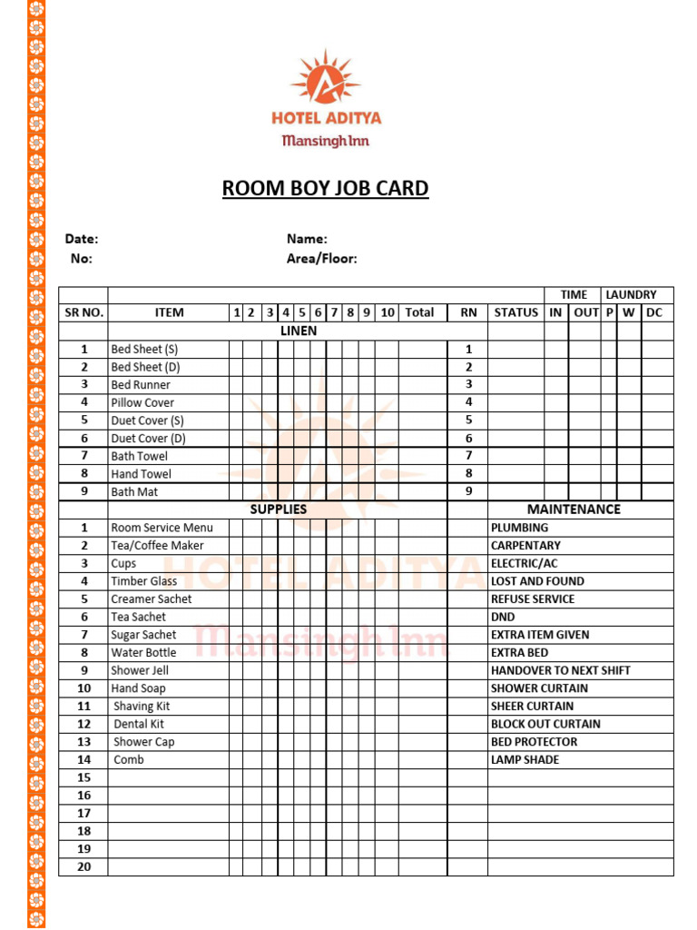 Room Boy Job Card Template | PDF