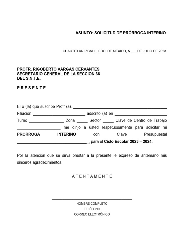 SOLICITUD PRORROGA EJEMPLO | PDF