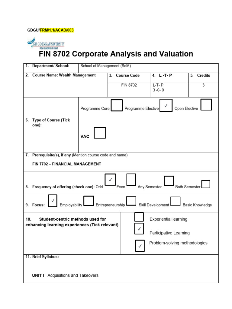Course File FIN 8702 | PDF | Valuation (Finance) | Mergers And Acquisitions