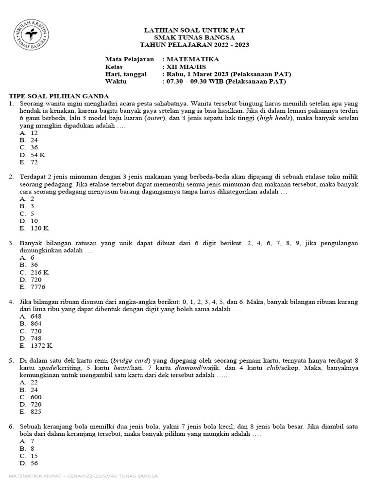 Latihan Soal PAT Matematika Wajib - Kelas 12 - TA 2022-2023 | PDF | Game & Aktivitas | Metode ...