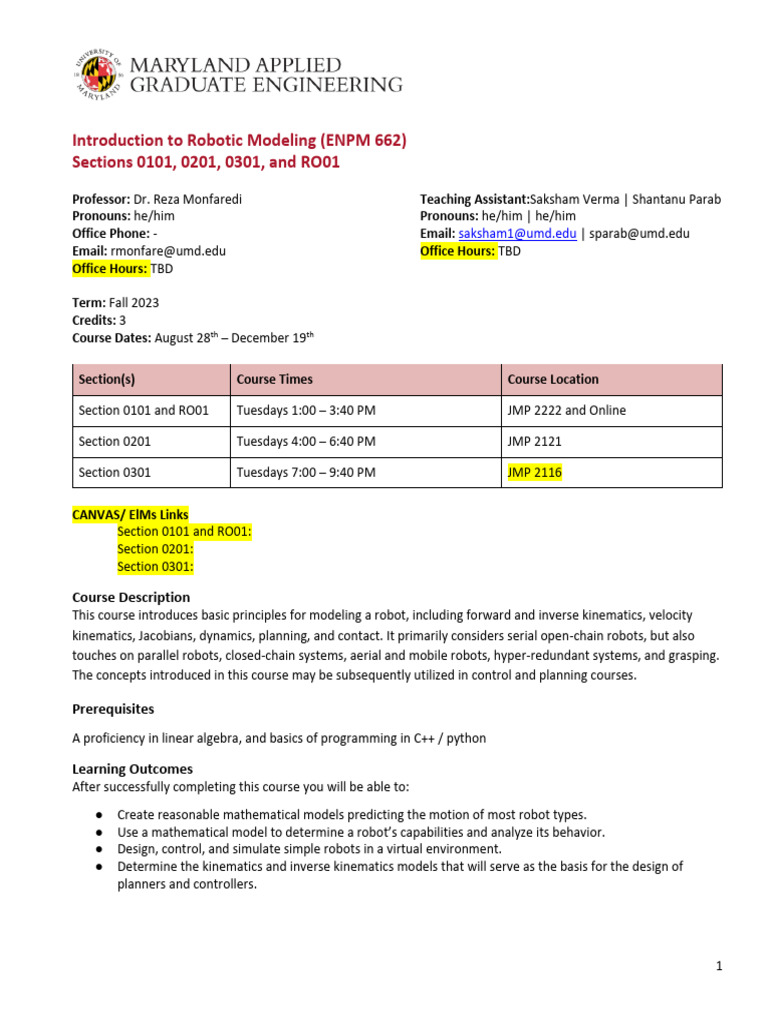ENPM 662-2023 Syllabus v1 | PDF | Learning