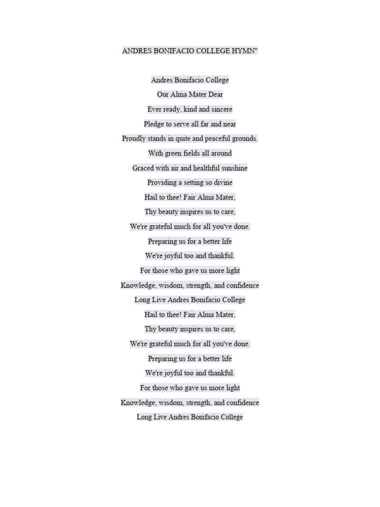 Andres Bonifacio College Hymn | PDF