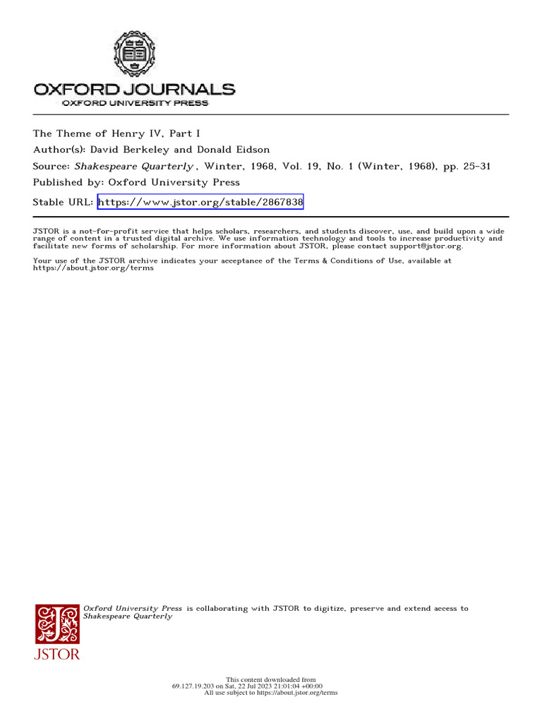 Berkeley ThemeHenryIV 1968 | PDF | Henry Iv, Part 1
