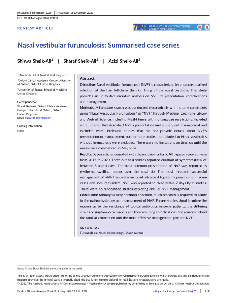 Nasal Vestibular Furunculosis Summarised Case Series | PDF ...