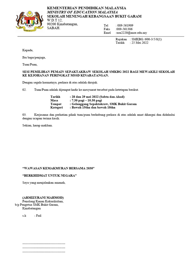 Surat Makluman & Kebenaran Ibu Bapa | PDF