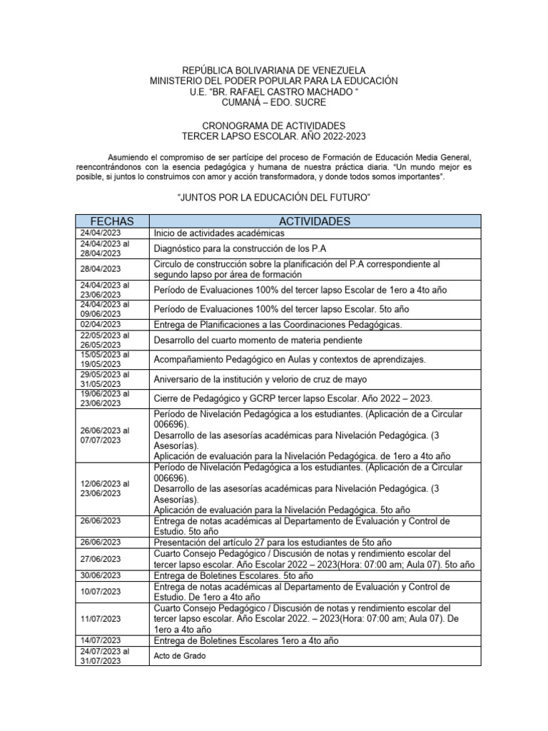 Cronograma Del Iii Lapso | PDF | Pedagogía | Evaluación