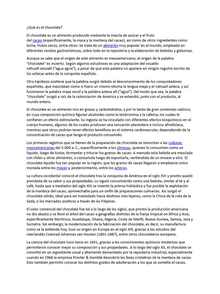 Qué Es El Chocolate | Descargar gratis PDF | Chocolate | Tipos de chocolate