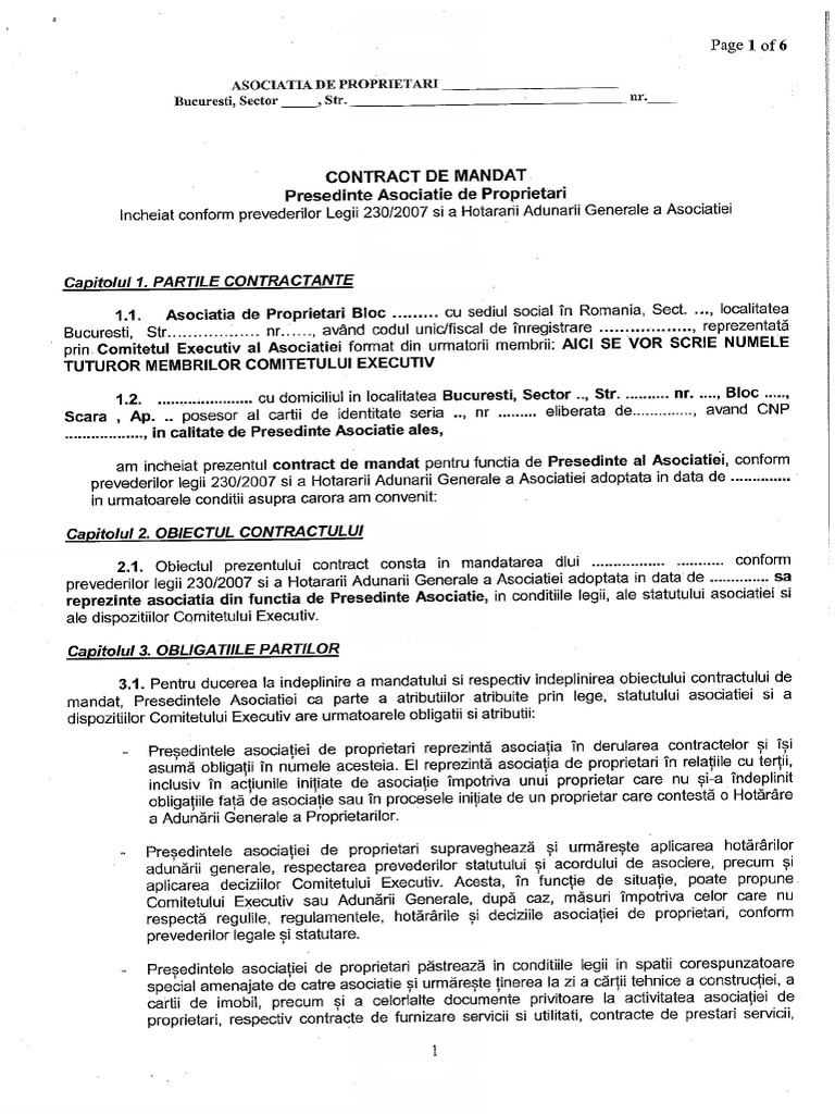 Model Contract de Mandat Pentru Presedintele Asociatiei de Proprietari | PDF