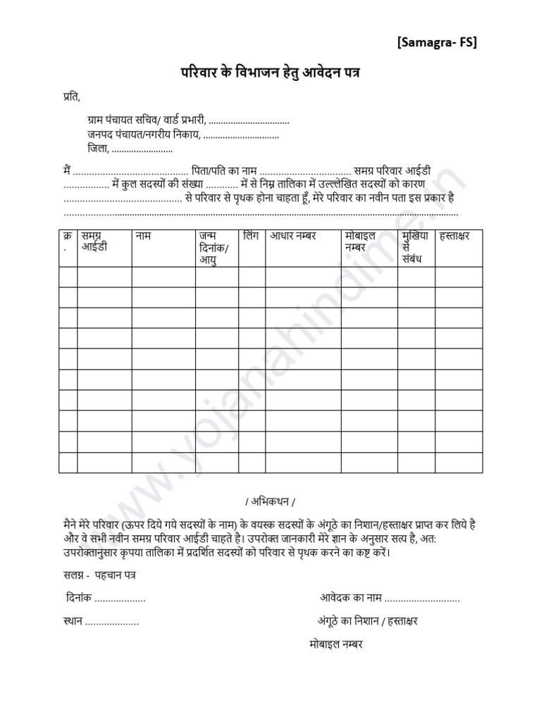 परिवार के विभाजन हेतु आवेदन पत्र Samagra Family Split | PDF