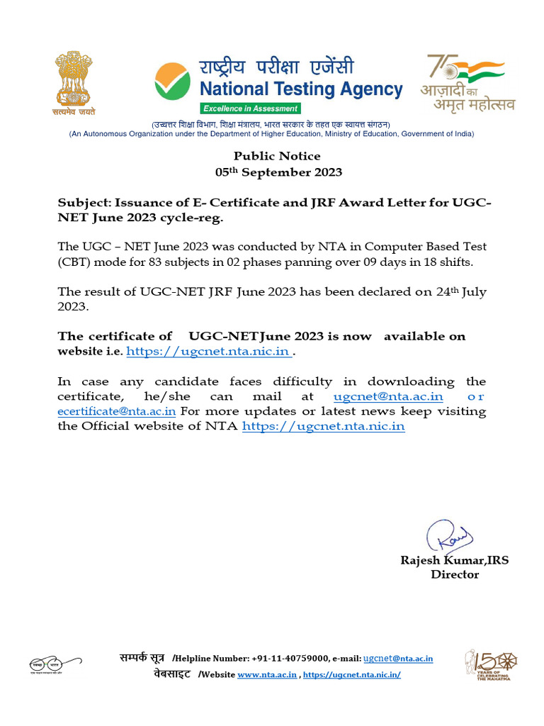 Public Notice 05 September 2023 Subject: Issuance of E-Certificate and JRF Award Letter For UGC ...