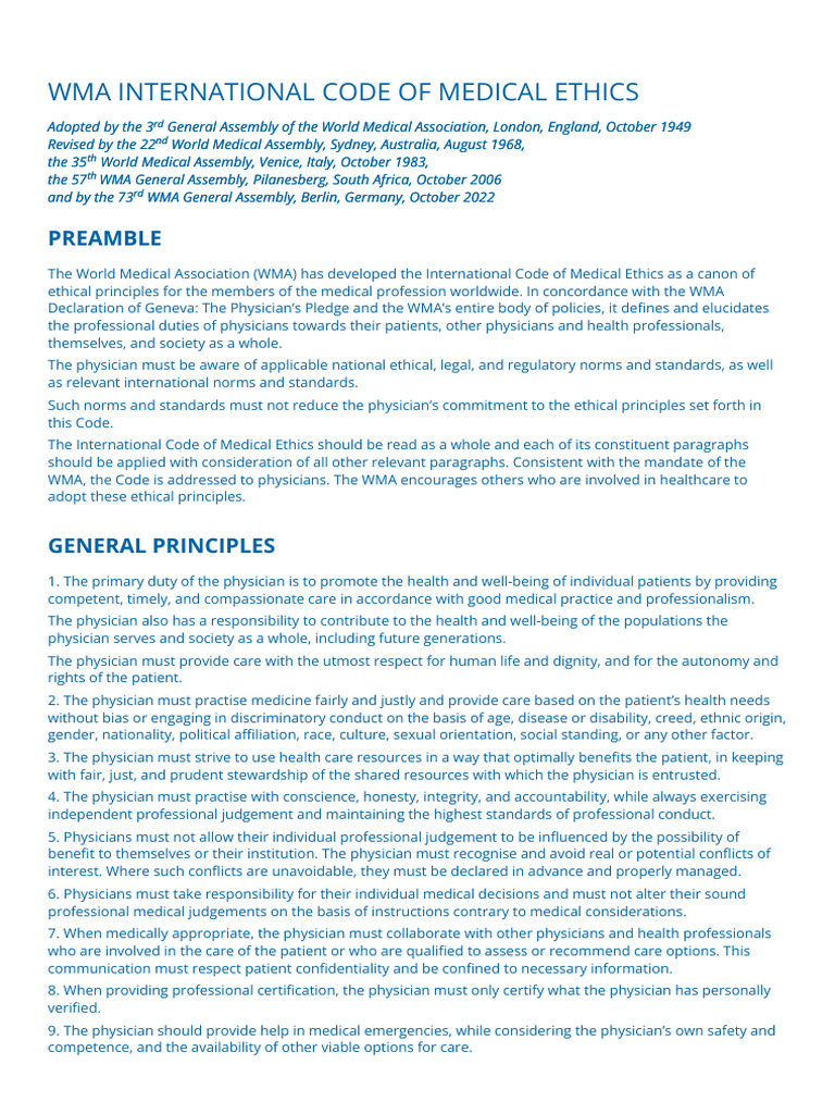 WMA International Medical Ethics Code | PDF | Informed Consent ...