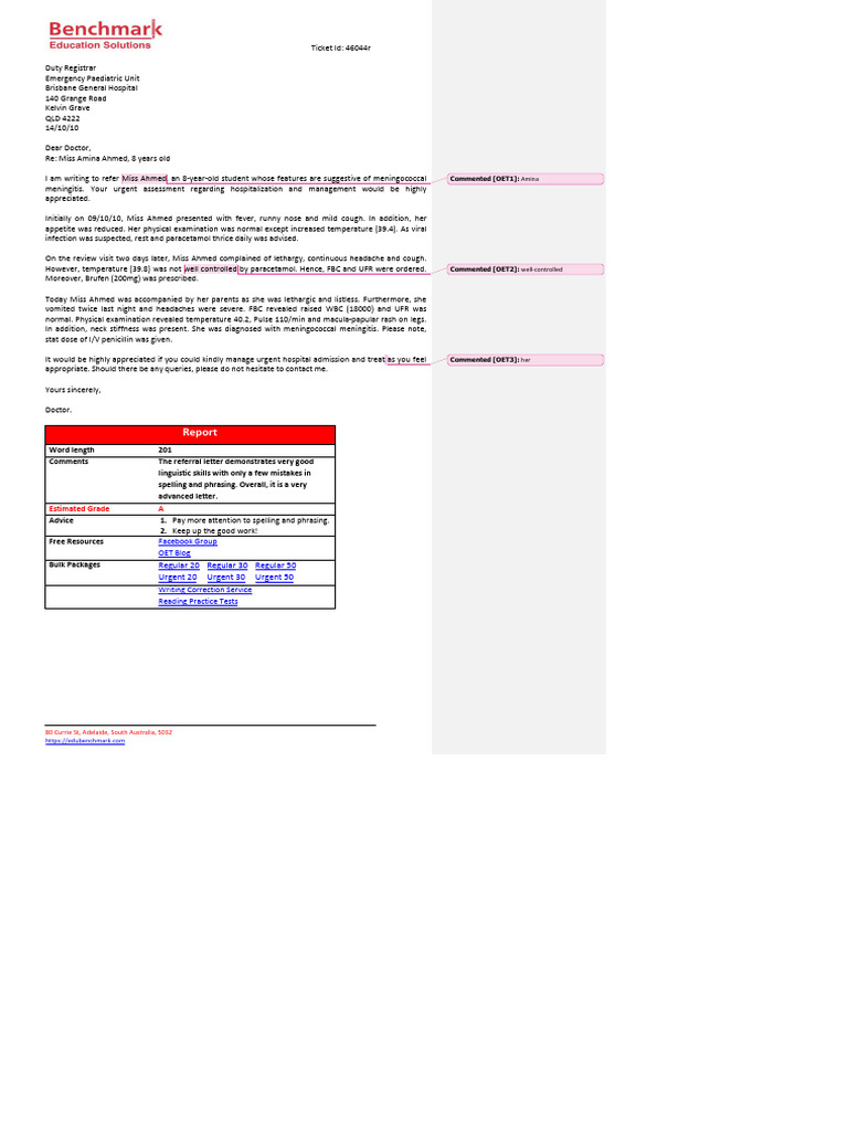 Amina Ahmed Benchmark Solution Oet Writing Task Practice With Corretion | PDF | Meningitis ...