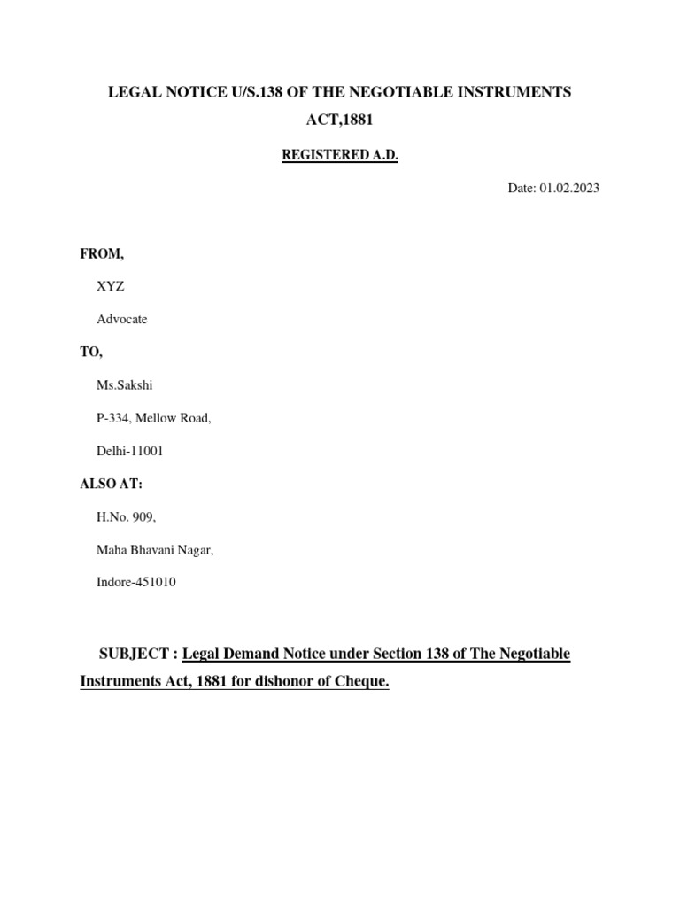 Submission of Legal Notice Draft J TE-05 | PDF | Cheque | Common Law