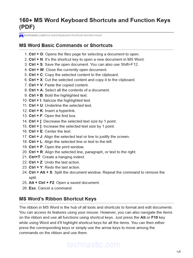 MS Word Keyboard Shortcuts | Download Free PDF | Microsoft Word ...