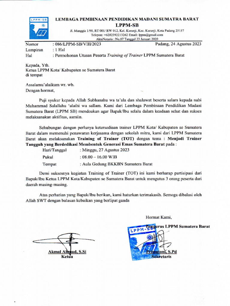 Surat Permohonan Utusan Peserta ToT | PDF