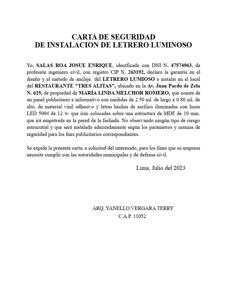 Carta de Seguridad Letreto Luminoso | PDF