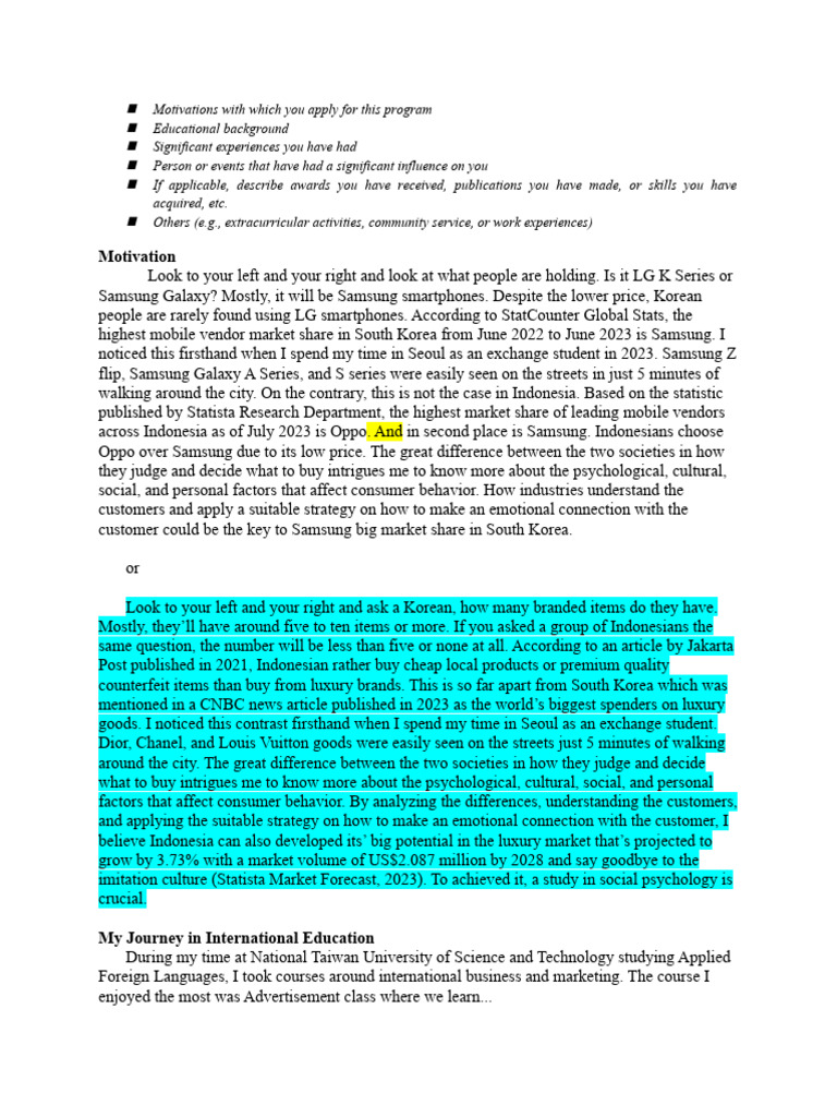 Personal Statement GKS (Reviewed) | PDF | Samsung | Consumer Behaviour