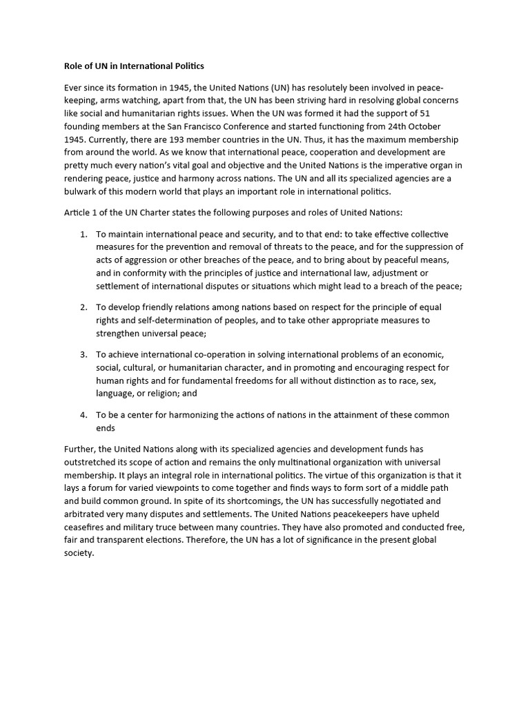UN's Role in Global Politics | PDF | United Nations | International ...