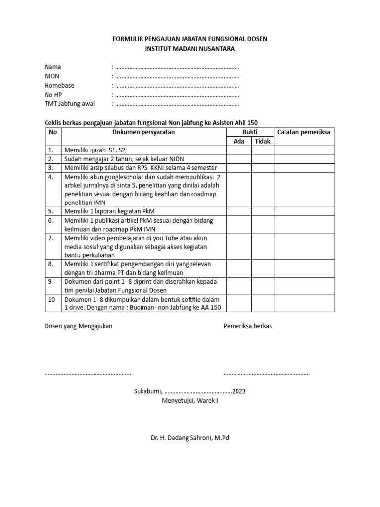 Formulir Pengajuan Jabatan Fungsional Dosen | PDF