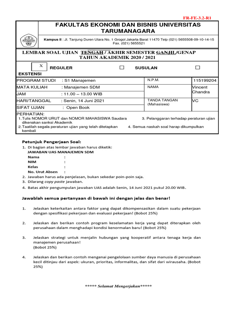 Jawaban UAS MSDM Genap | PDF