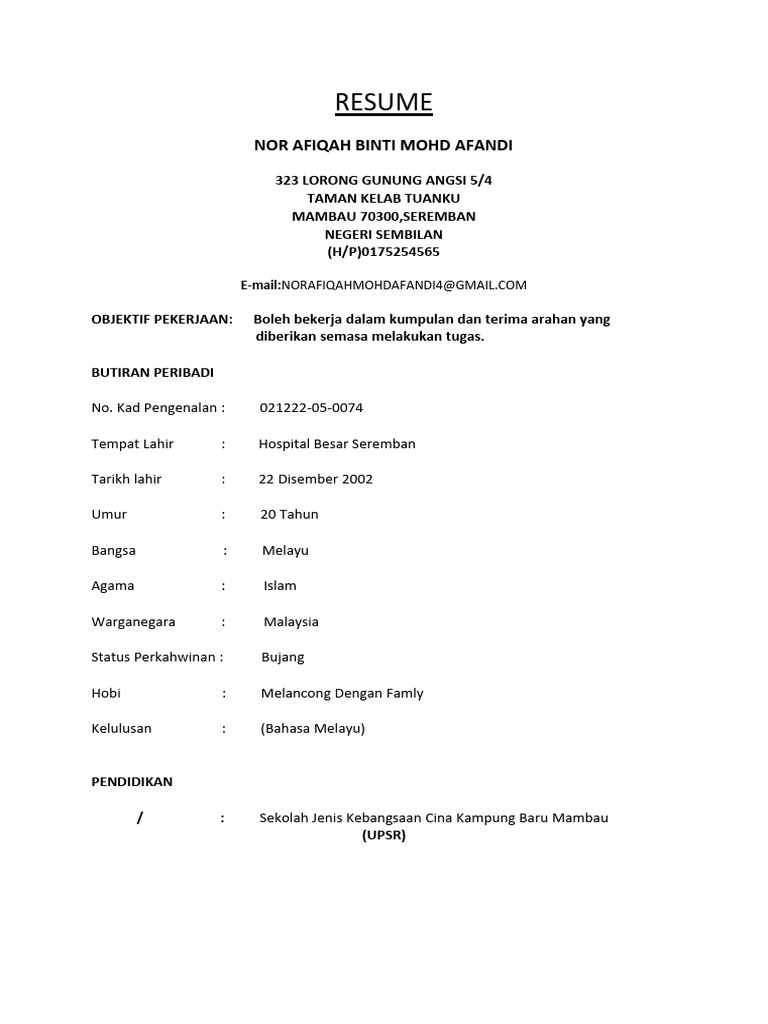Resume: Nor Afiqah Binti Mohd Afandi | PDF