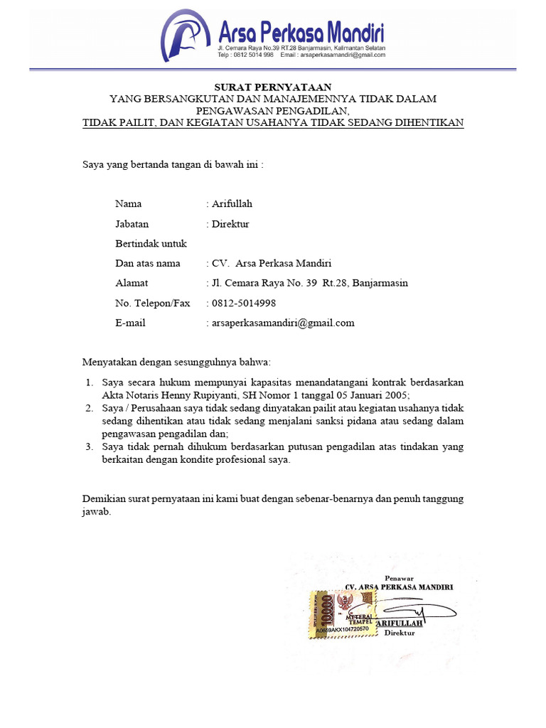Surat - Surat Pernyataan CV. Arsa Perkasa Mandiri | PDF