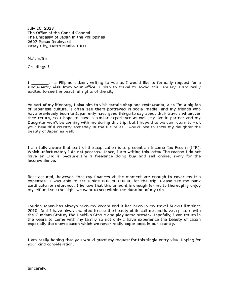 Sample Cover Letter - Japan Visa No Itr | PDF