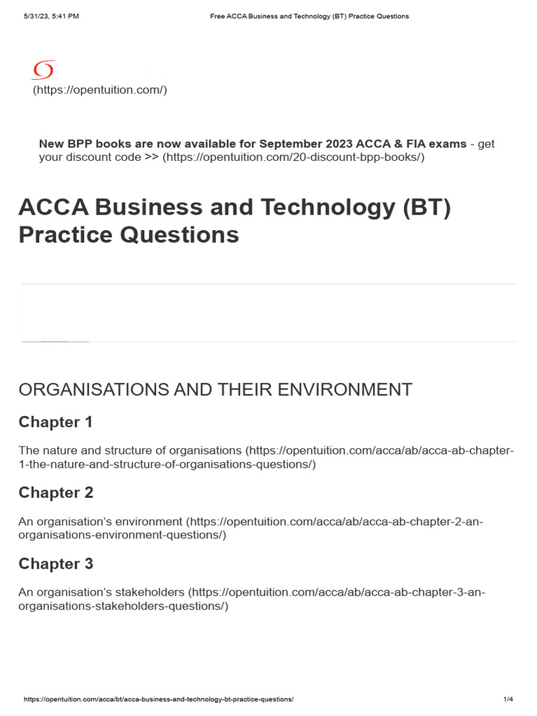 Free ACCA Business and Technology (BT) Practice Questions | PDF | Accounting | Governance