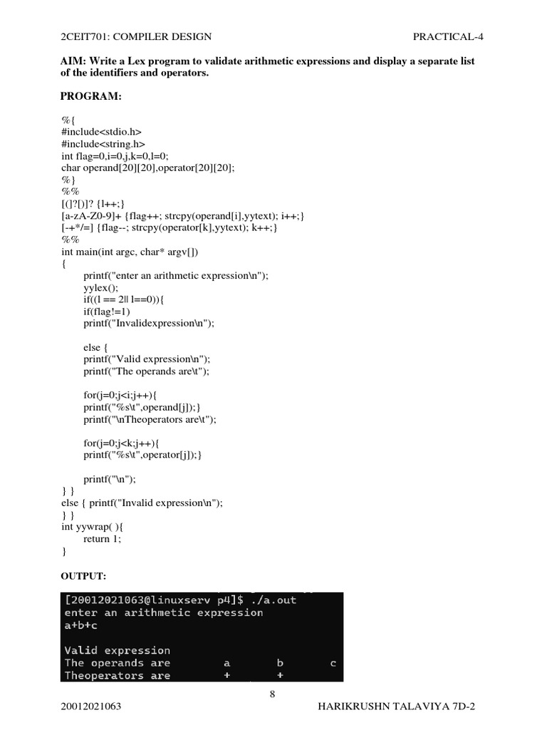 Aim Write A Lex Program To Validate Arithmetic Expressions And Display A Separate List Of The