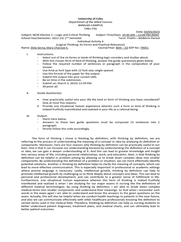 Individual Activity 4 Logical Thinking Its Forms and Practical ...