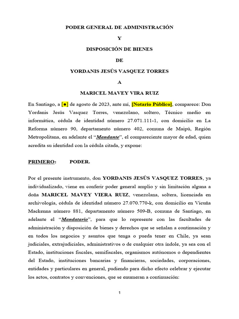 Poder General Administración Yordanis A Maricel | PDF | Bancos | Cheque