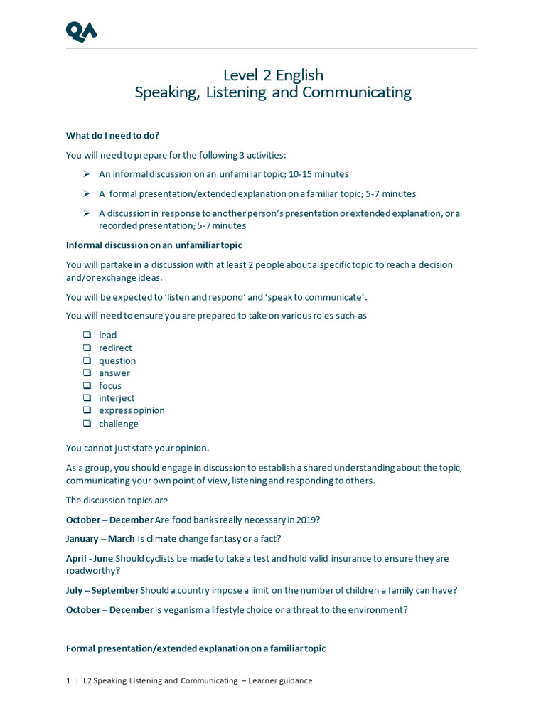 Learner Guidance - Speaking and Listening | PDF | Argument | Communication