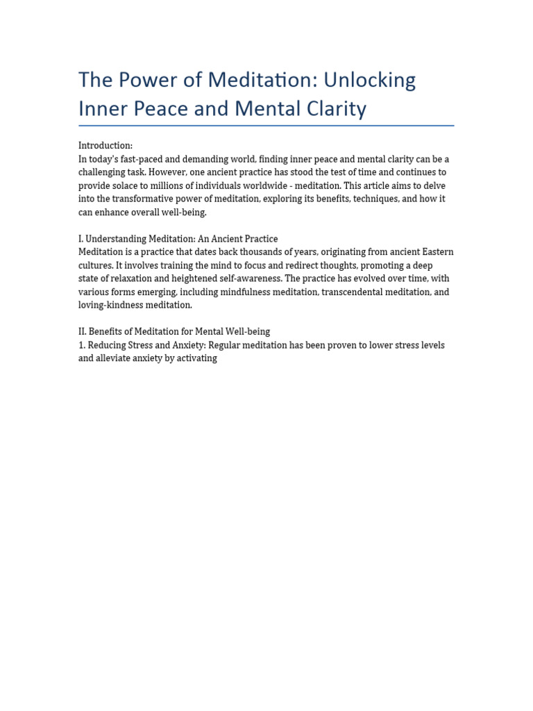 The Power of Meditation: Unlocking Inner Peace and Mental Clarity | PDF