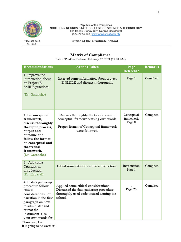 Compliance Matrix for Thesis Revision | PDF | Validity (Statistics ...