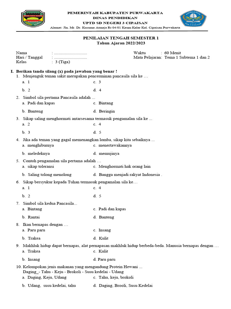 Soal Pts Kelas 3 Tema 1 St1 Dan St2 | PDF