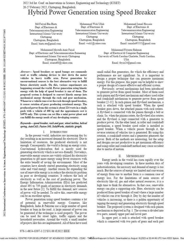 Hybrid Power Generation Using Speed Breaker (1) | PDF | Gear | Electric ...