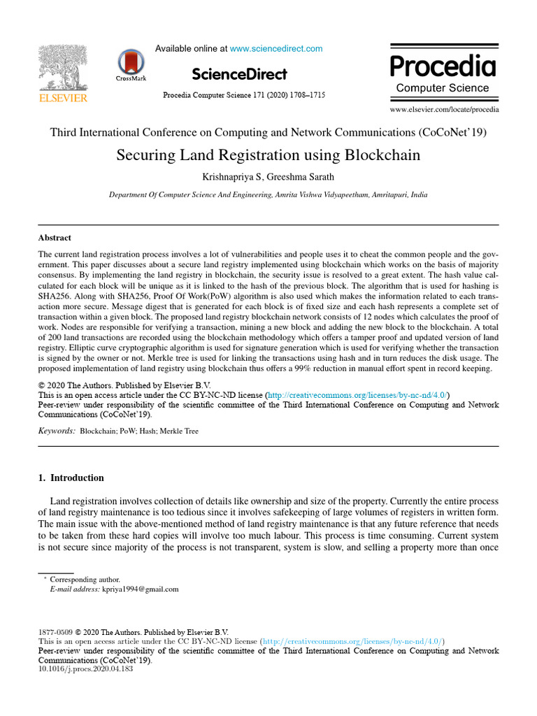 Securing Land Registration Using Blockchain | PDF | Cryptography | Public Key Cryptography